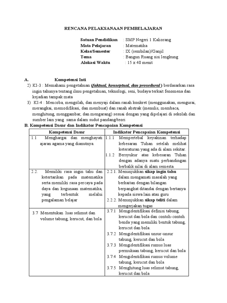 RPP Bangun Ruang Sisi Lengkung | PDF
