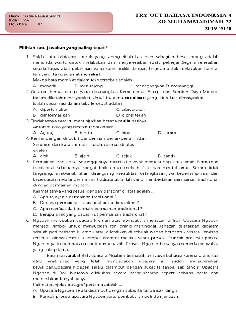 Try Out Bahasa Indonesia 4 | PDF | Seni & Disiplin Bahasa | Kajian Bahasa Asing