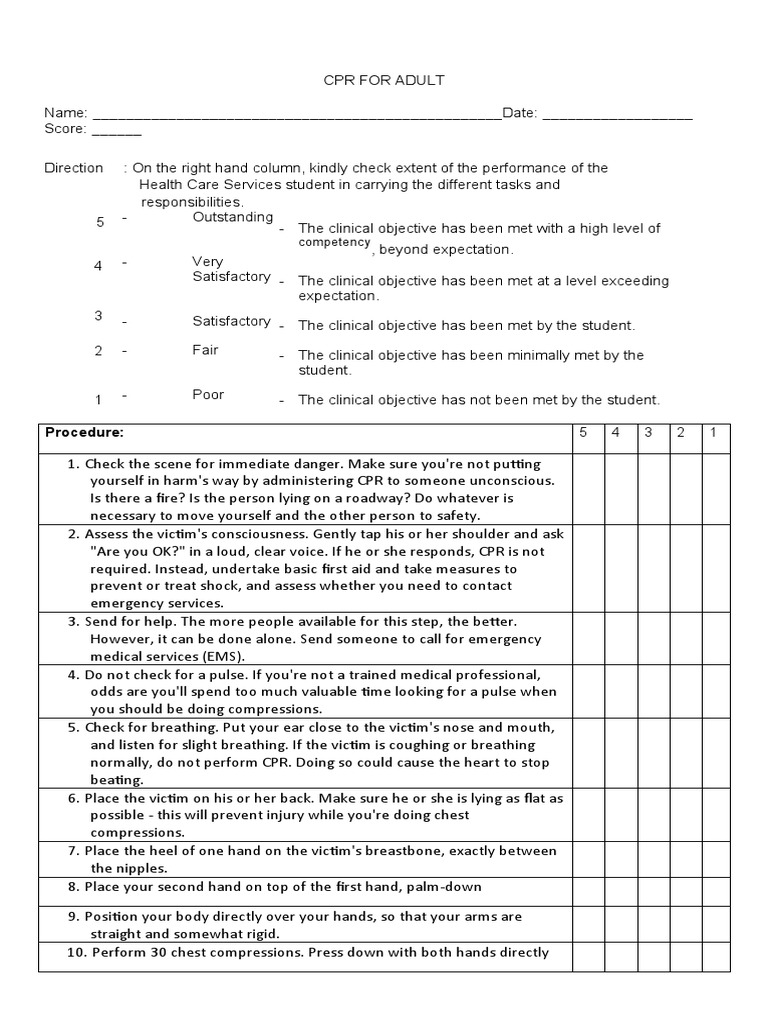 CPR Checklist | PDF | Cardiopulmonary Resuscitation | Emergency Medical ...