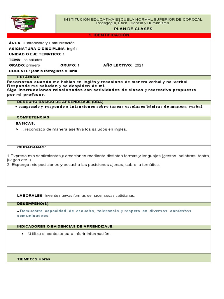 Plan de Clase Modelo Ingles | Descargar gratis PDF | Evaluación | Aprendizaje