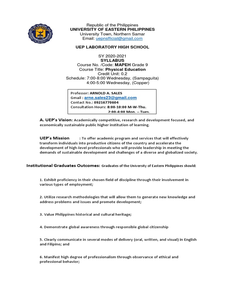 Physical Education Syllabus for Grade 9 at UEP Laboratory High School ...