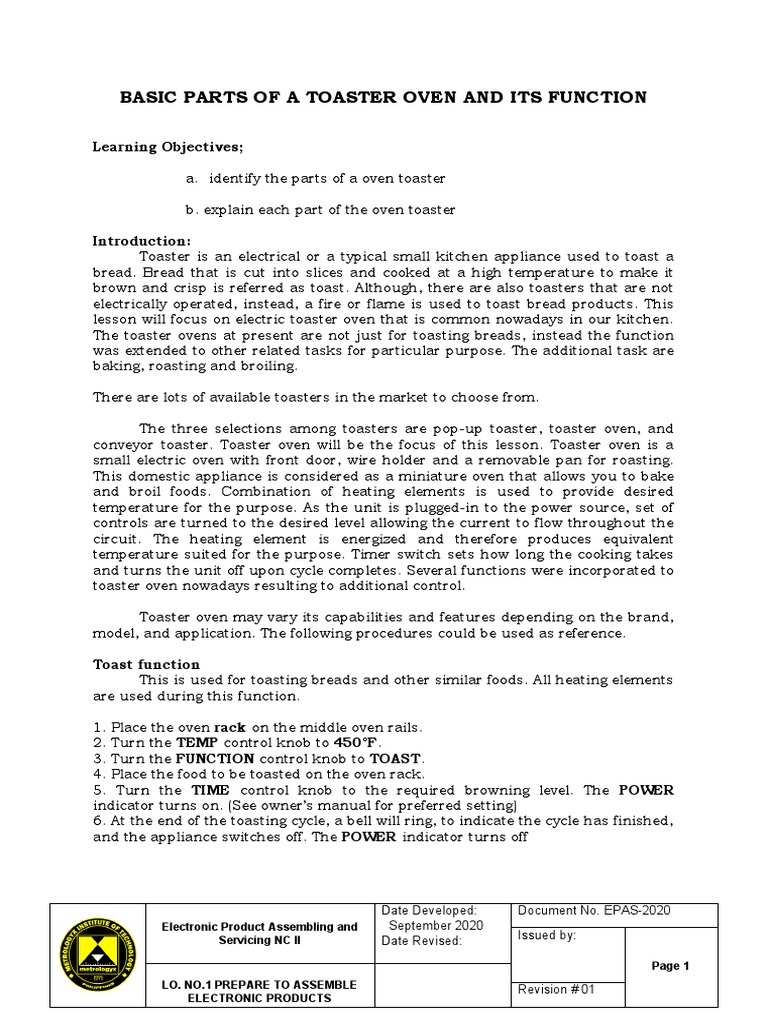 Basic Parts of A Toaster Oven and Its Function: Learning Objectives ...