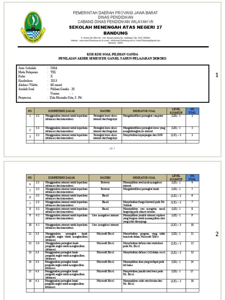 Kisi-Kisi Soal Pas Tik Ganjil | PDF