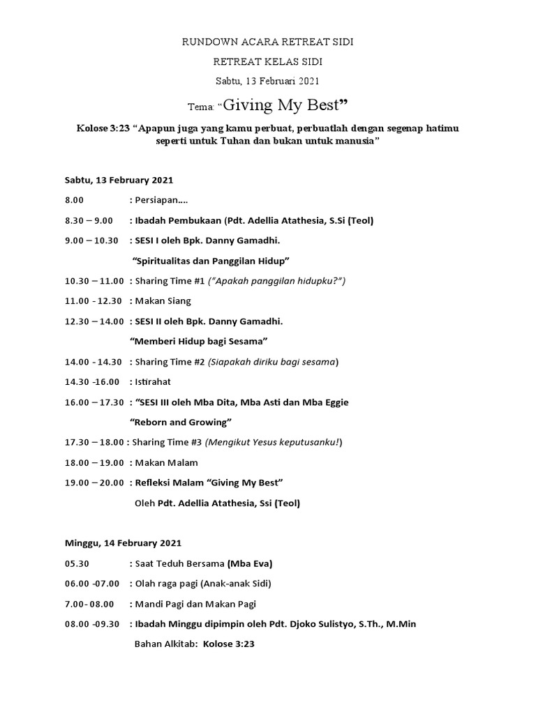 Rundown Acara Retreat Sidi 2021 | PDF | Agama & Spiritualitas