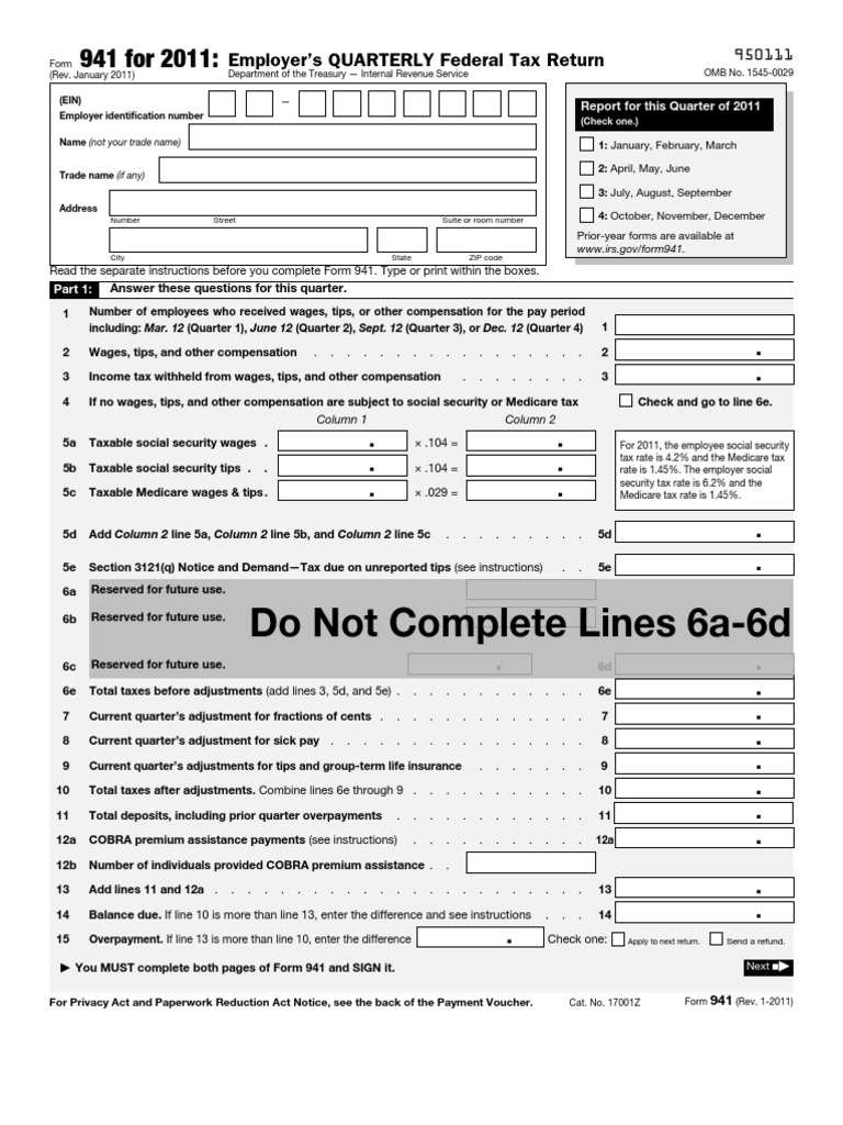 2011 Form 941 Employer Tax Return | PDF | Internal Revenue Service ...