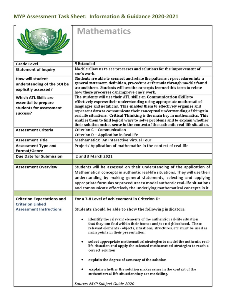 MYP Task Sheet Criterion C and D Interactive Virtual Tour | PDF ...