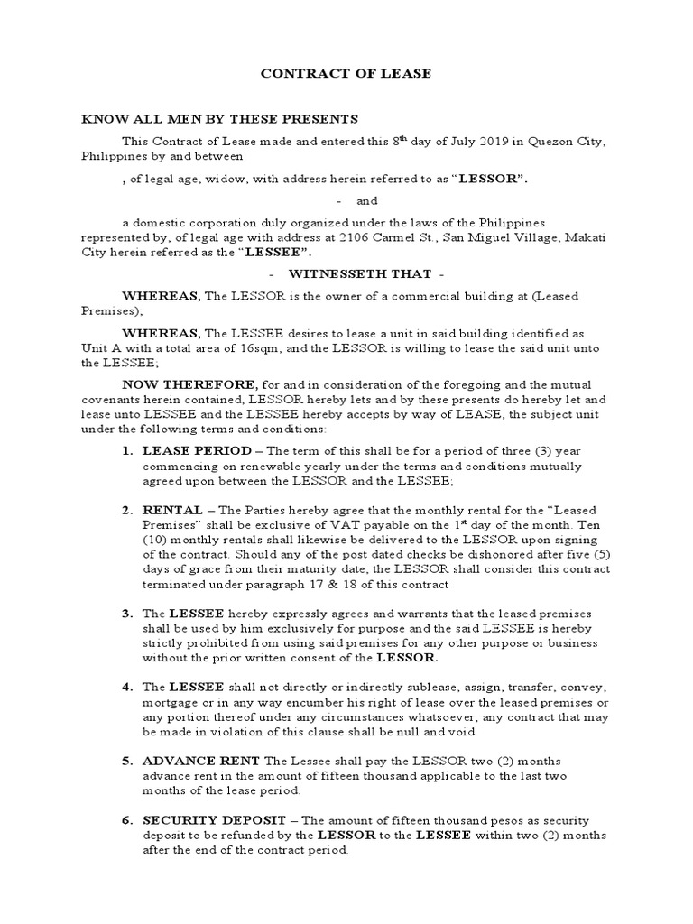 Contract of Lease Draft | PDF | Lease | Law Of Obligations