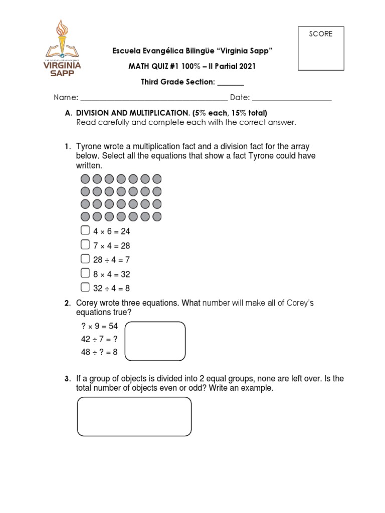 A6966 3rd Grade Math Quiz 1 II Partial 2021 | PDF