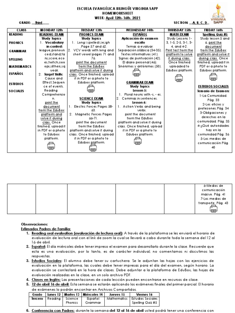3rd Grade Homework Sheet April 12th-16th, 2021 | PDF | Human ...