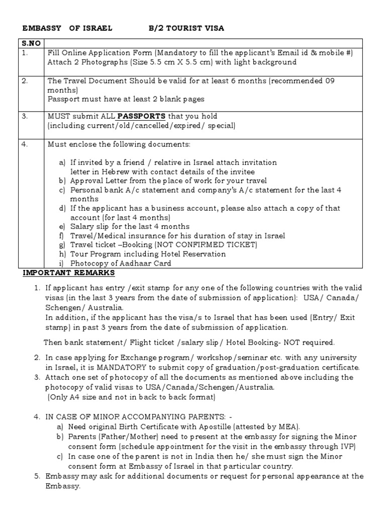 Embassy of Israel B/2 Tourist Visa S.No | Download Free PDF | Travel ...