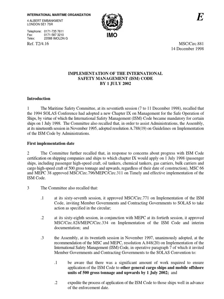 IMO Implements ISM Code Deadline | PDF | Shipping | Water Transport