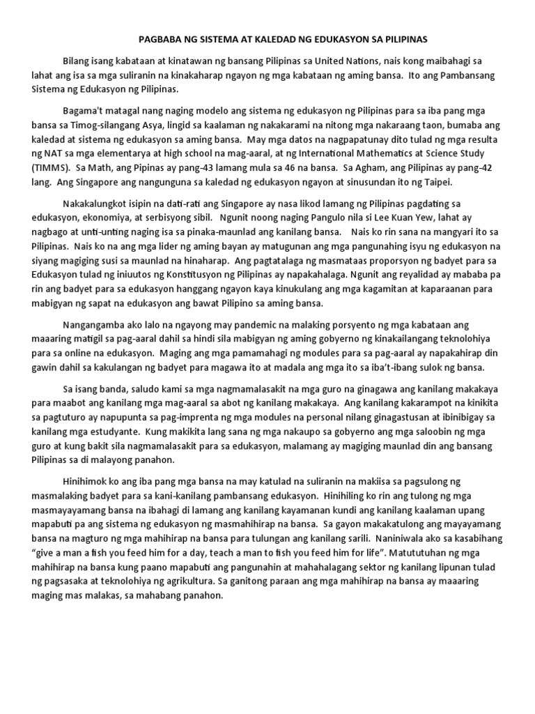 Pagbaba NG Kaledad at Sistema NG Edukasyon Sa Pilipinas | PDF