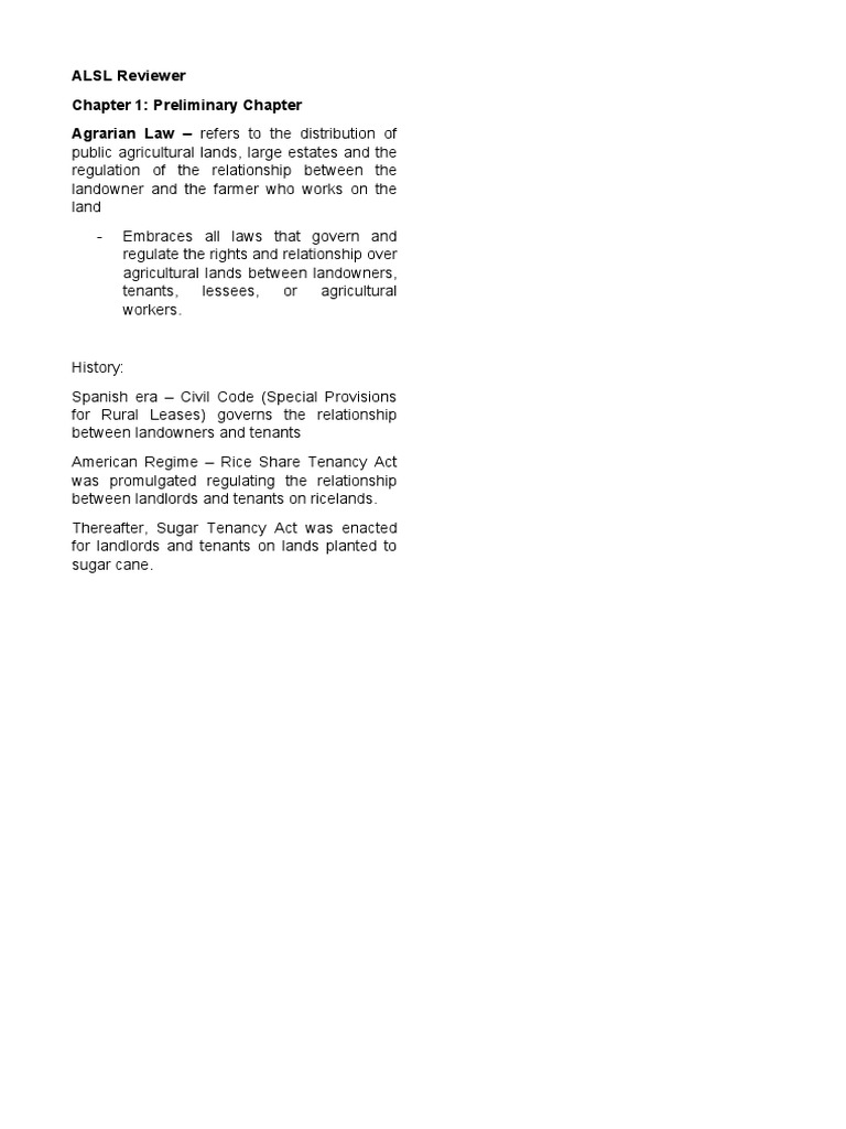 ALSL Reviewer Chapter 1: Preliminary Chapter Agrarian Law - Refers To ...