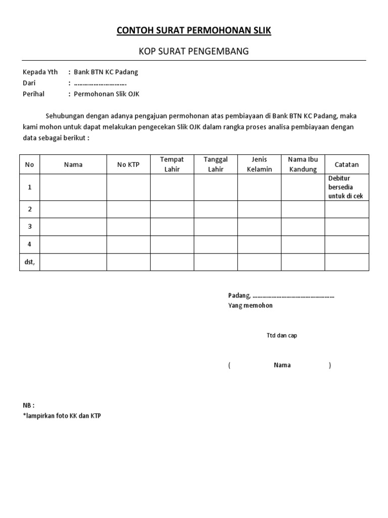 Contoh Surat Permohonan Slik | PDF