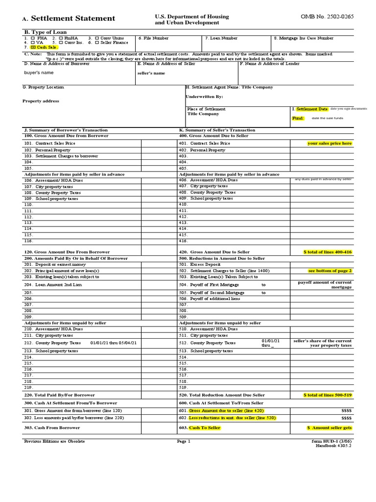 Seller Closing Statement - Cash | PDF | Title Insurance | Loans
