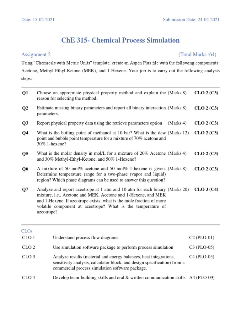 Chemical Process Simulation Assignment | PDF