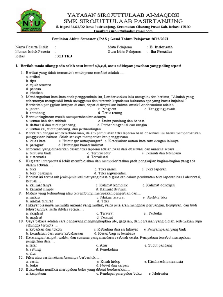 SOAL B INDO XII Contoh | PDF