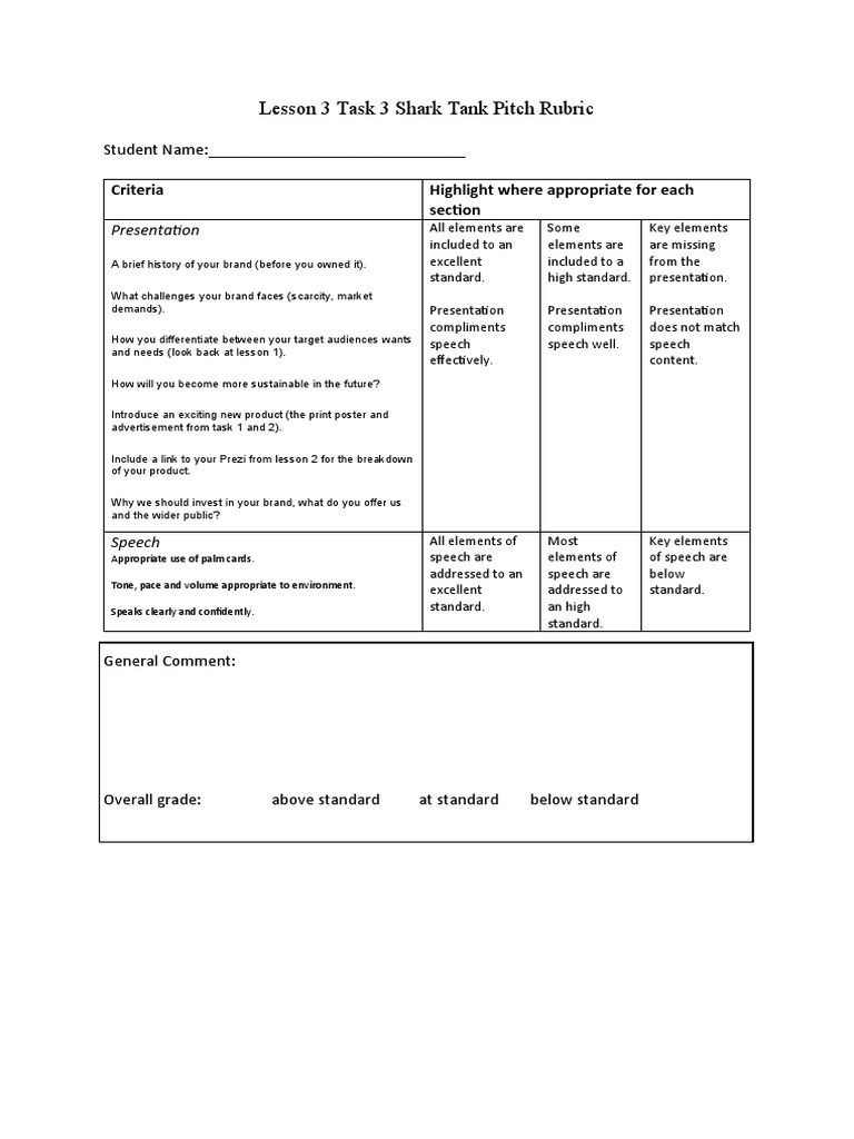 Lesson 3 Task 3 Shark Tank Pitch Rubric | PDF