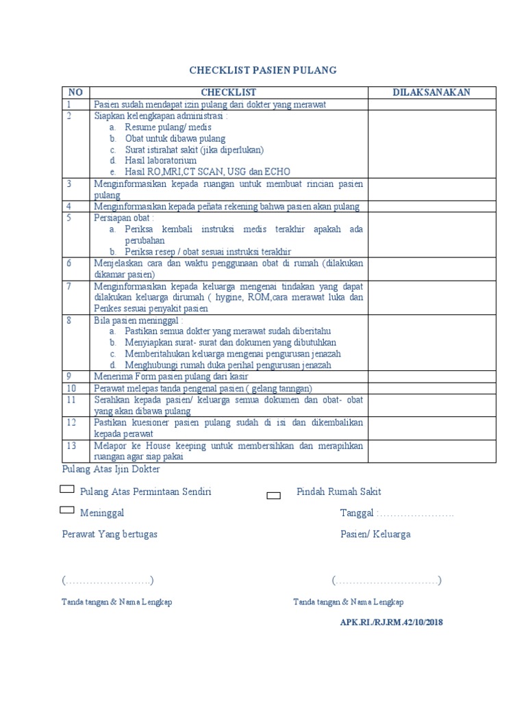 Checklist Pasien Pulang | PDF