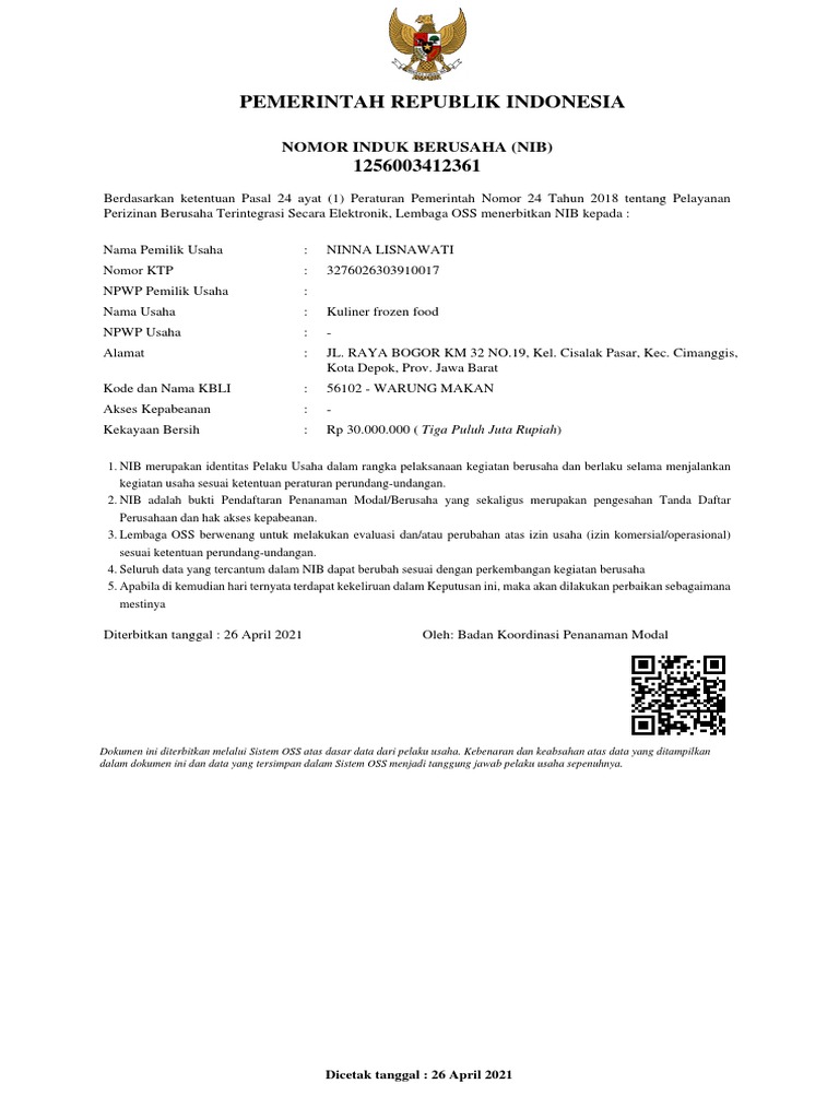 Contoh NIB untuk Usaha Kuliner | PDF