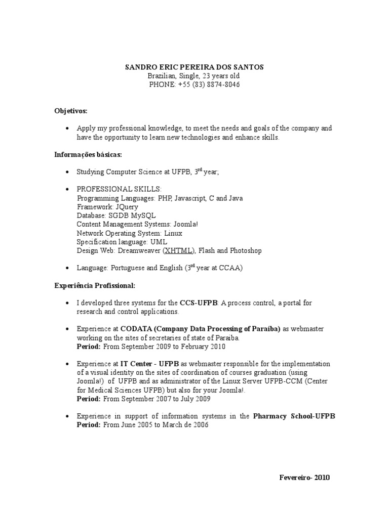 Brazilian Computer Science Student Resume | PDF