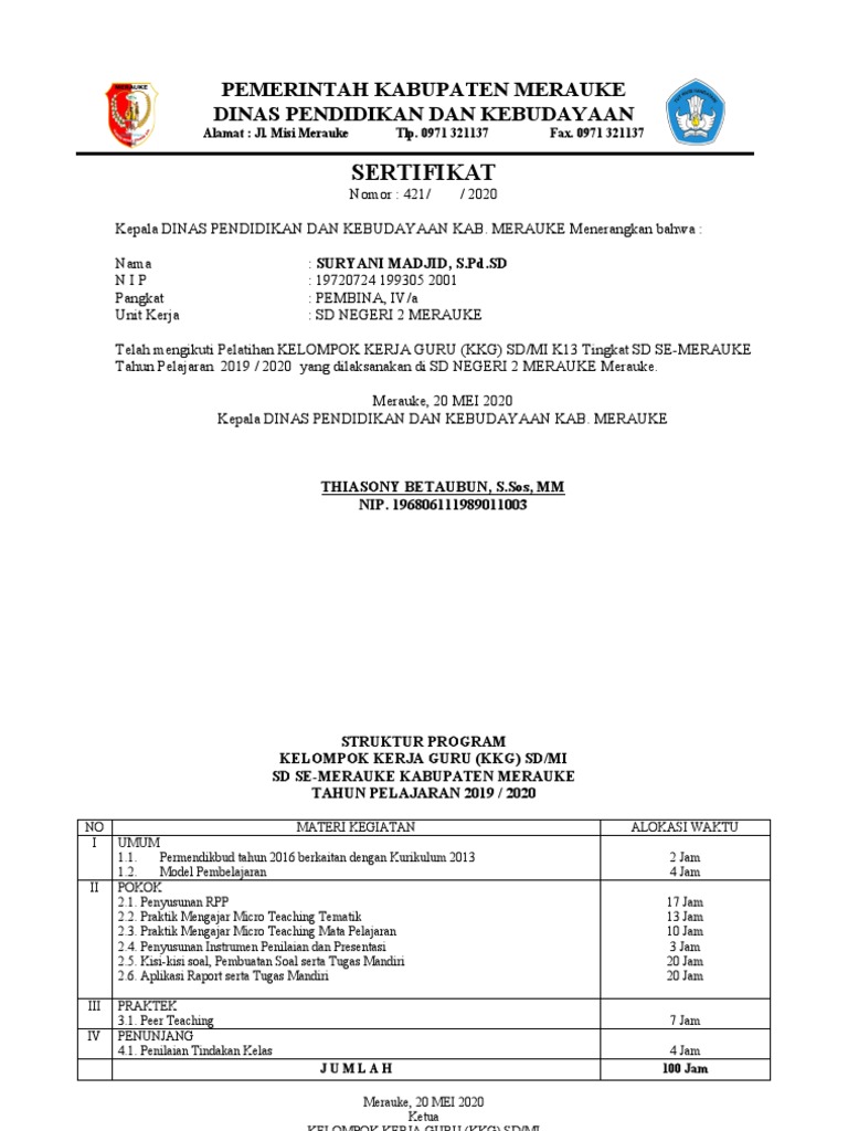 Sertifikat Pelatihan KKG SD Merauke | PDF | Karier & Perkembangan