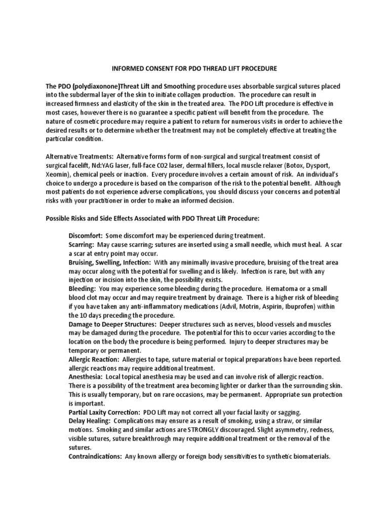 PDO Thread Lift Informed Consent Form | PDF | Scar | Allergy