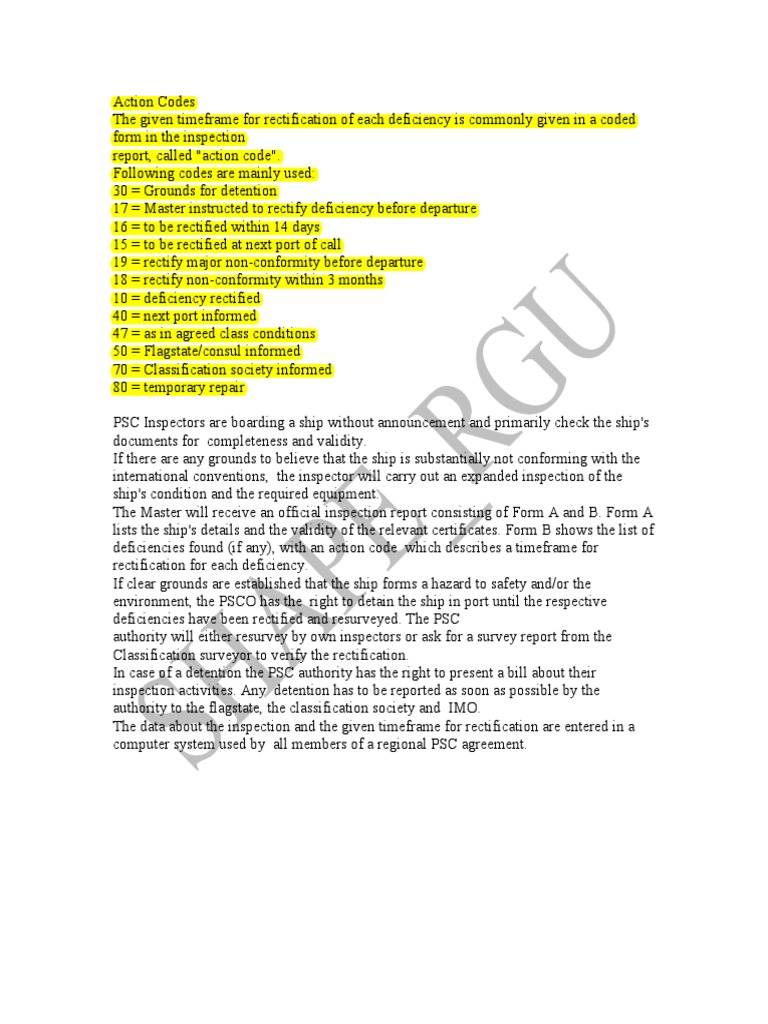 Action Codes PSC | PDF