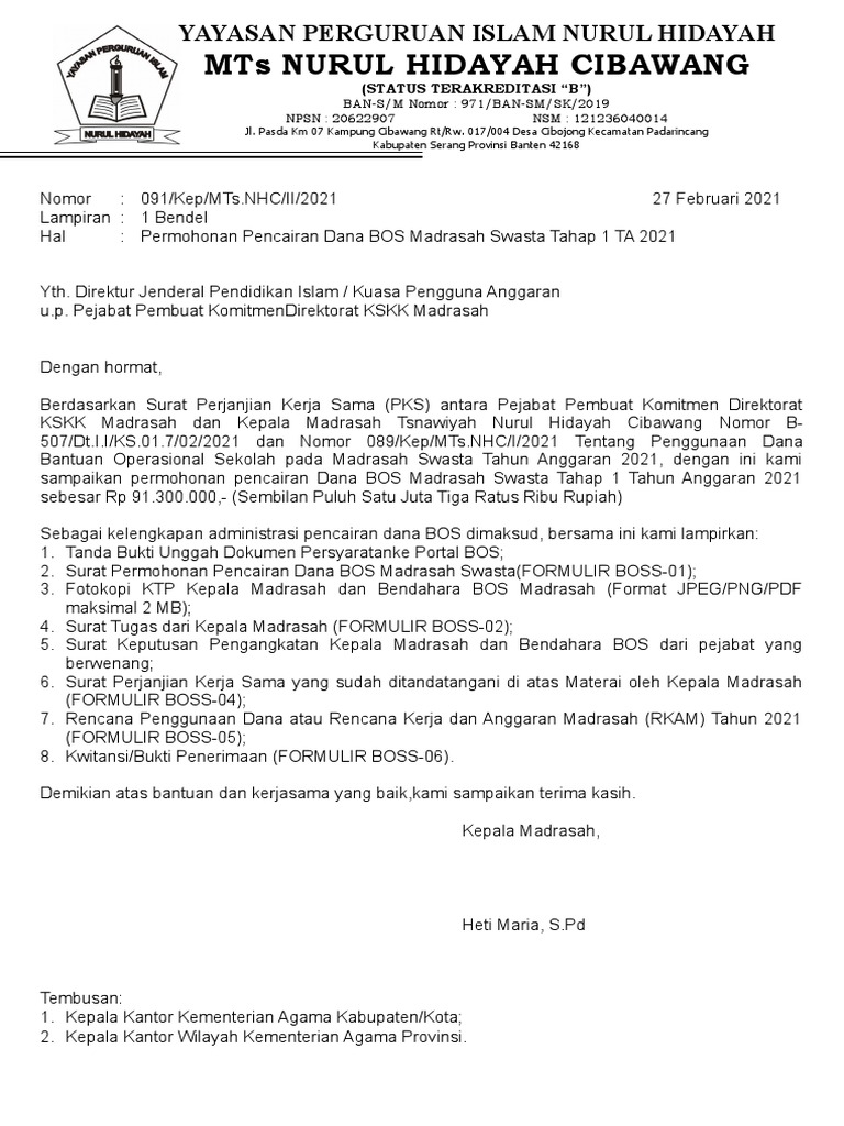 Permohonan Pencairan Dana BOS Tahap 1 | PDF Permohonan Pencairan Dana BOS Tahap 1 | PDF