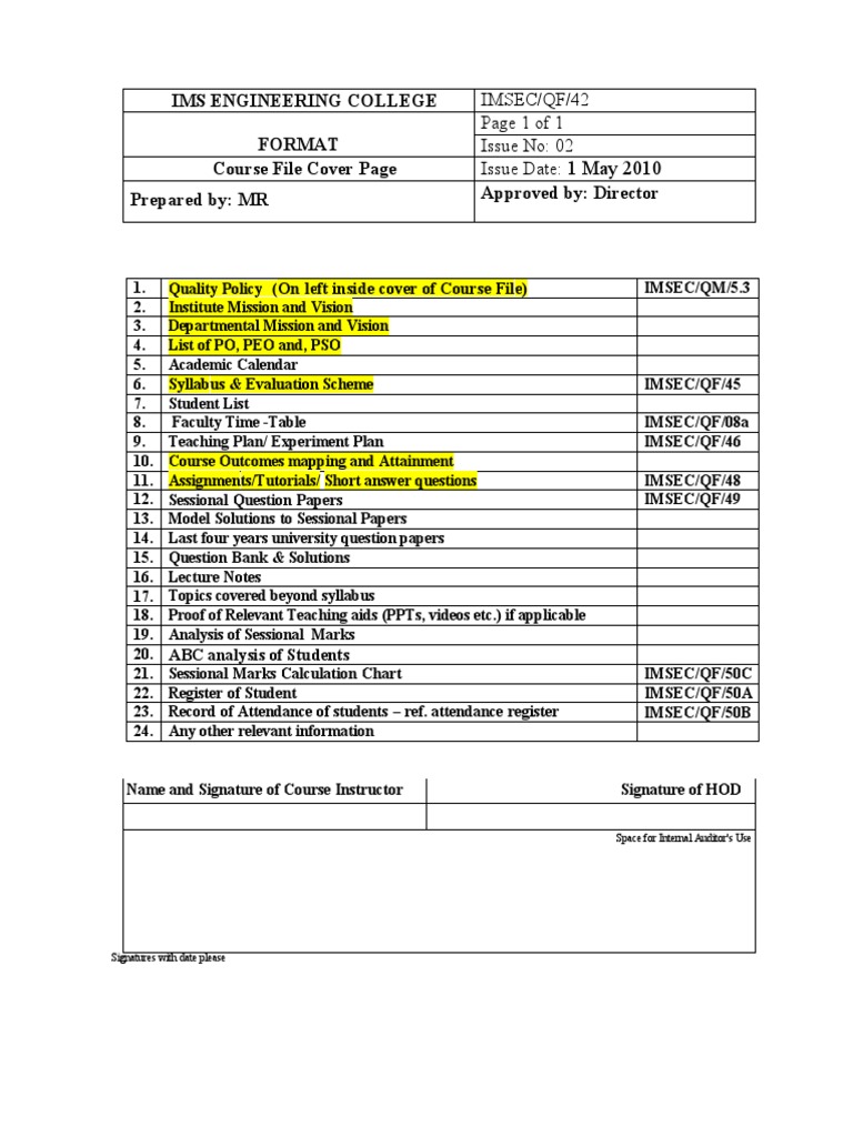 Ims Engineering College Format S Course File Cover Page Prepared By: MR ...