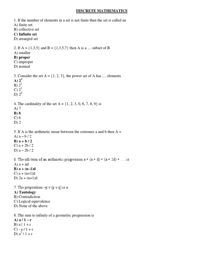 Discrete Mathematics MCQs | PDF | Ring (Mathematics) | Mathematical ...