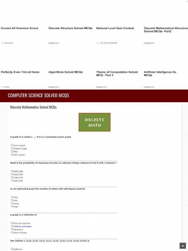 Discrete Mathematics MCQs | PDF | Vertex (Graph Theory) | Mathematical ...