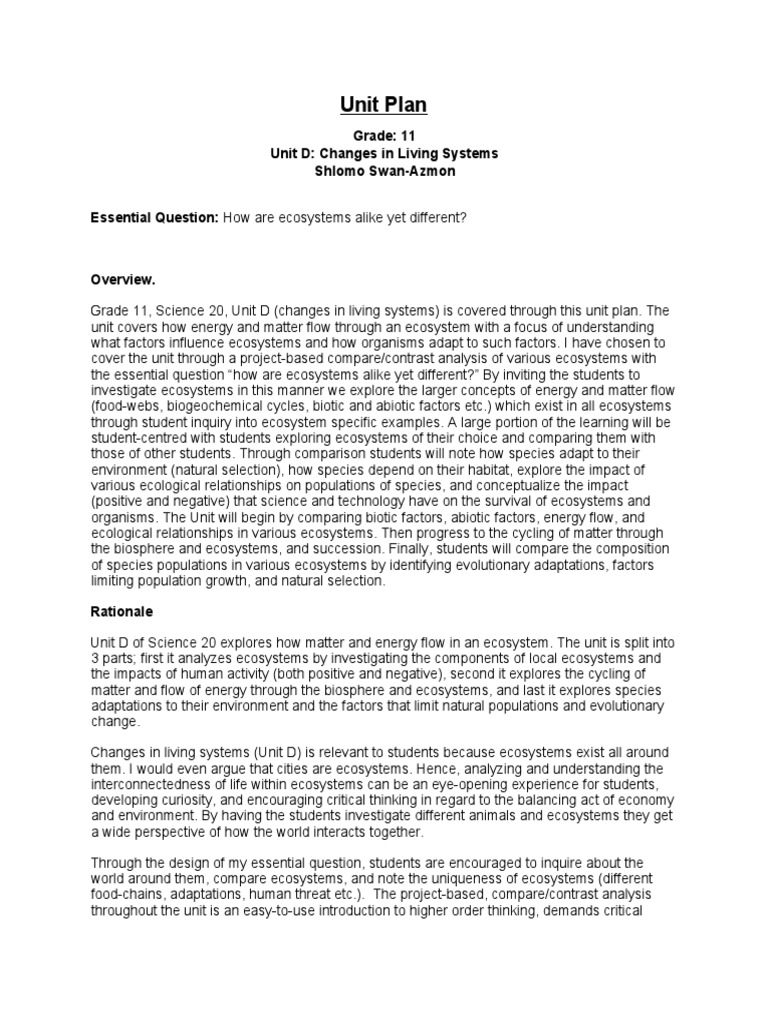 Ecosystem Analysis Unit Plan for Grade 11 | PDF | Food Web | Ecosystem