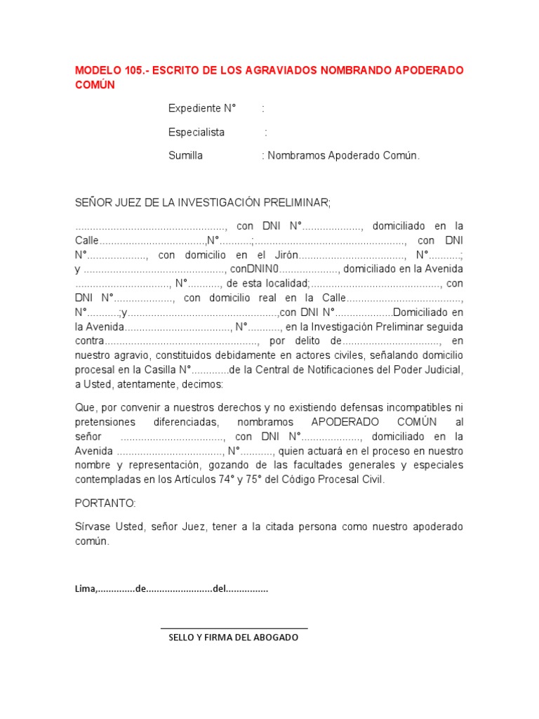 Modelo 105. - Escrito de Los Agraviados Nombrando Apoderado Común | PDF