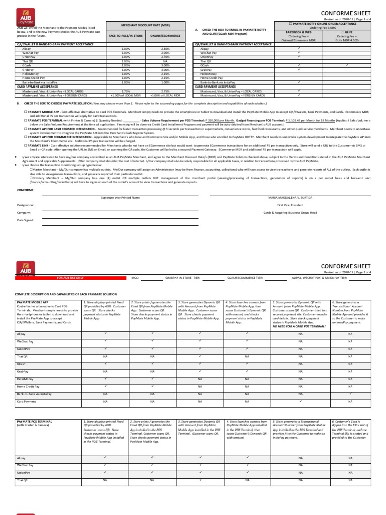 AUB PayMate Solutions - Conforme Sheet 2020-12-1 | PDF | Point Of Sale ...