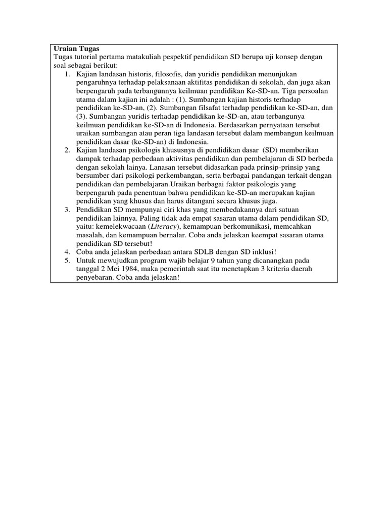 Uraian Tugas Tutorial 1 Perspektif Pend. SD | PDF | Karier & Perkembangan | Kesehatan Holistik