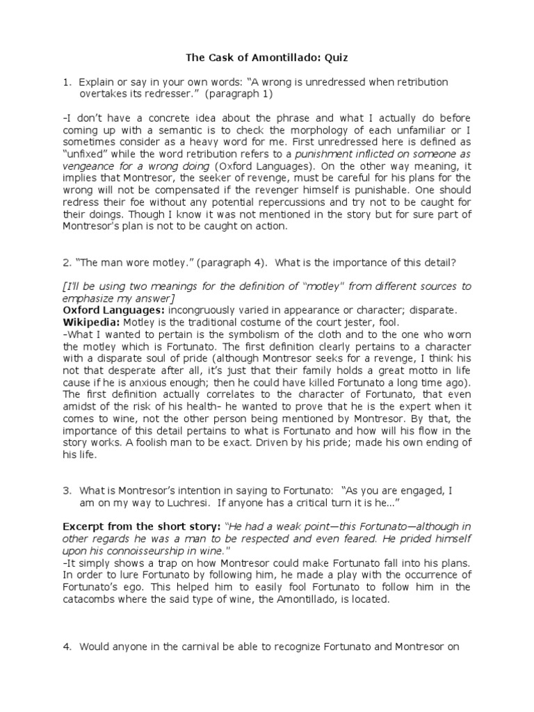 The Cask of Amontillado Quiz | PDF