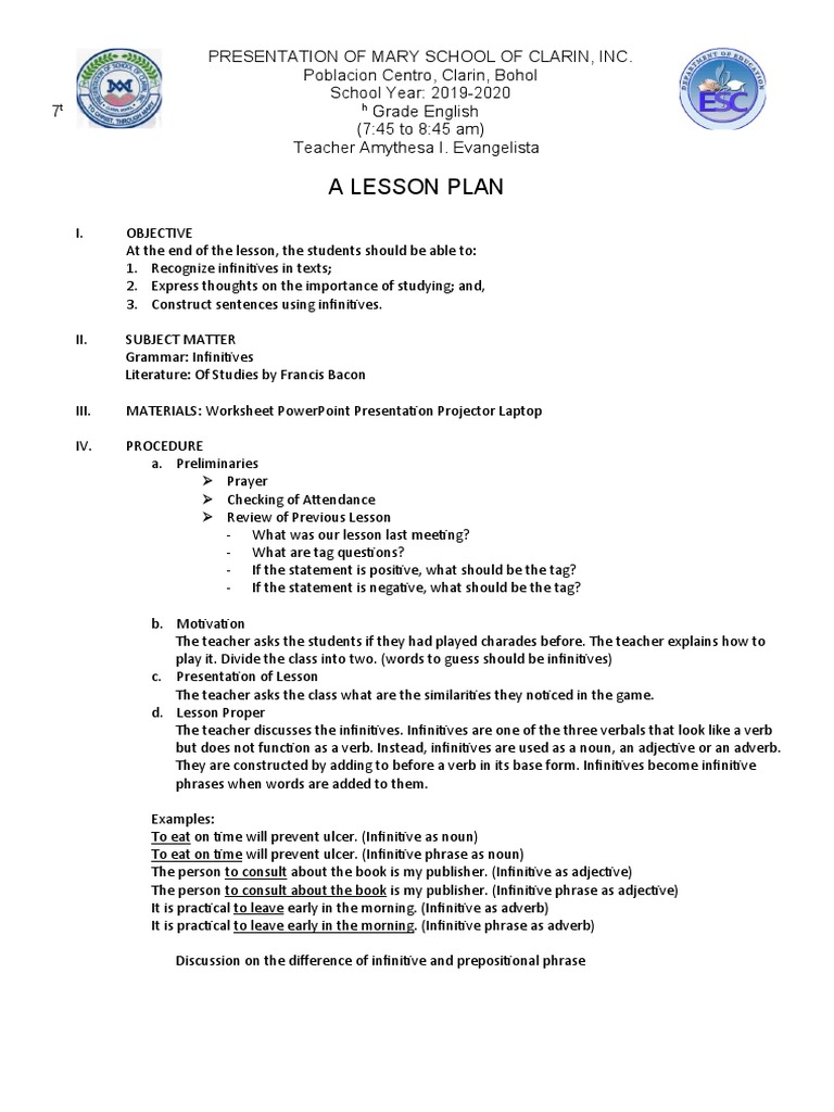 Lesson Plan For Grade 7 | PDF | Verb | Adverb