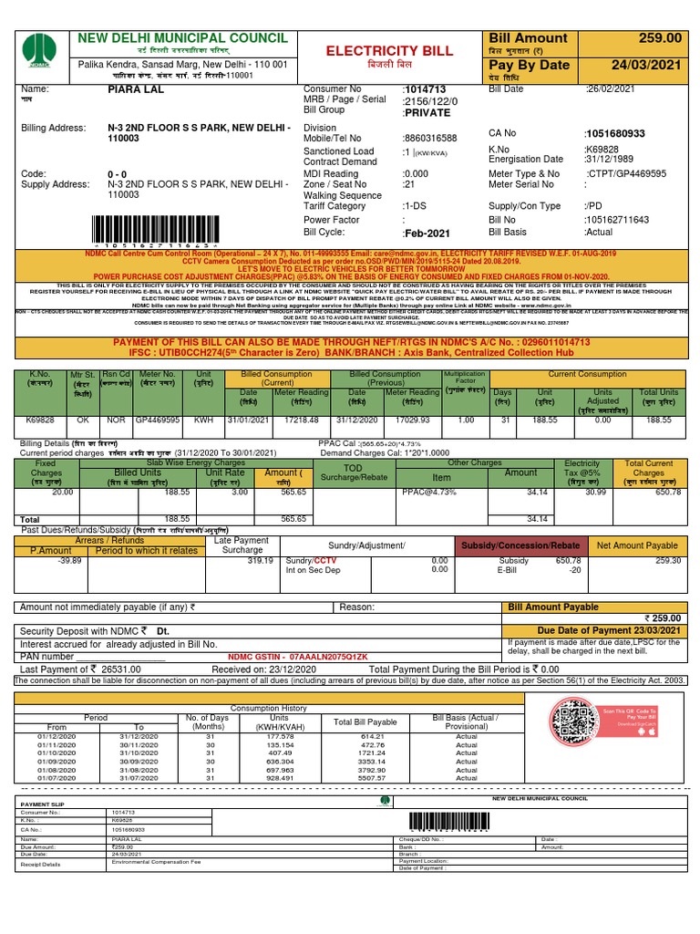 New Delhi Municipal Council: Electricity Bill | PDF | Financial ...