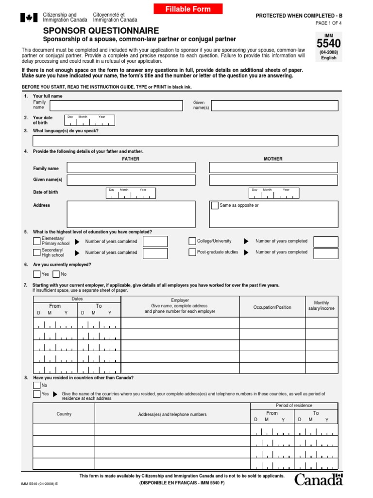 Sponsor Questionnaire: Sponsorship of A Spouse, Common-Law Partner or ...