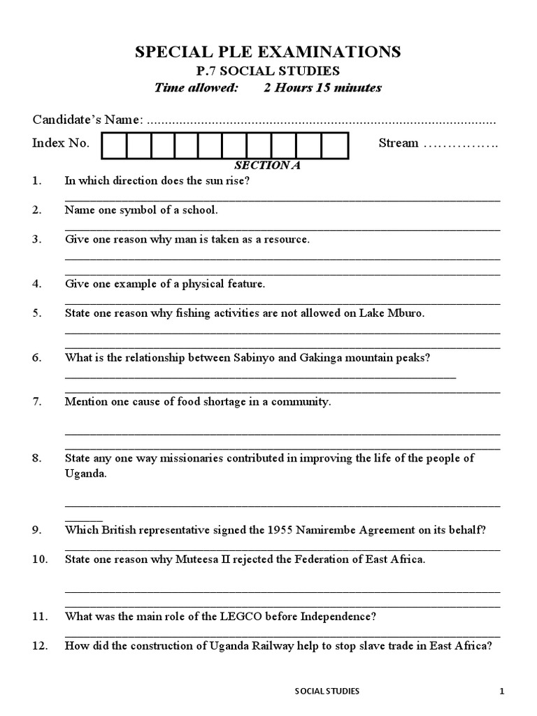 P.7 SST Special++ Special Pre - P.L.E Examination | PDF | Uganda | East ...