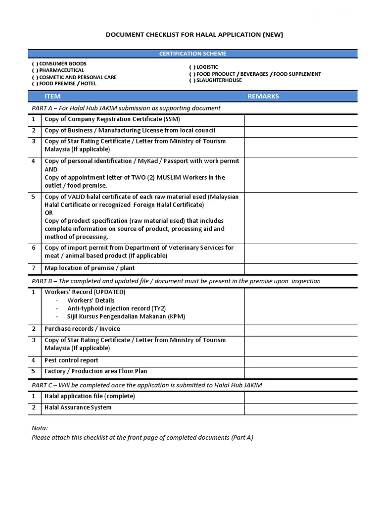 DOCUMENT CHECKLIST FOR HALAL CERTIFICATION APPLICATION | PDF