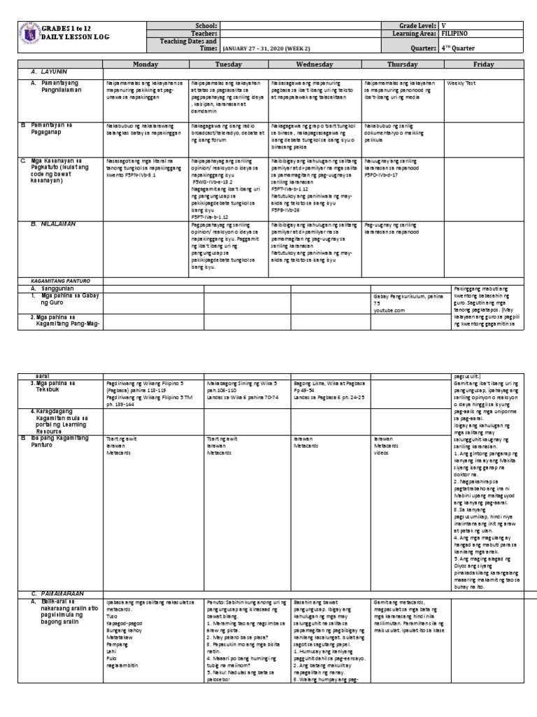 Grade 5 DLL FILIPINO 5 Q4 Week 2 | PDF
