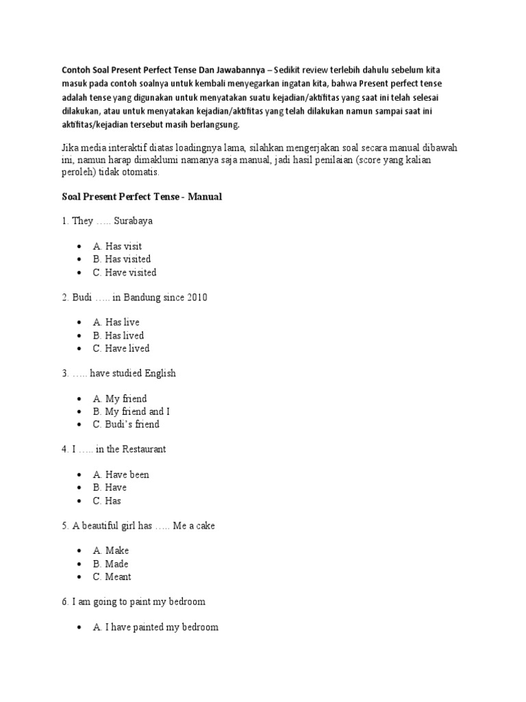 Contoh Soal Present Perfect Tense Dan Jawabannya | PDF