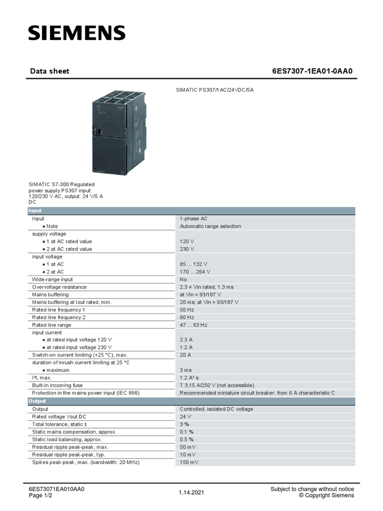 Data Sheet 6ES7307-1EA01-0AA0: Input | PDF | Mains Electricity ...