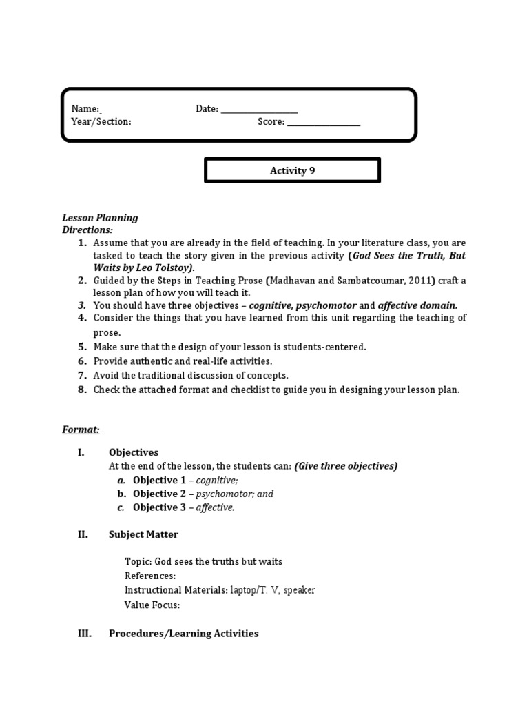 Lesson Plan for Teaching Tolstoy's Prose | PDF | Reading Comprehension ...