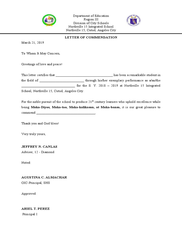Letter of Commendation for Jonard D. Baybayan Recognizing His Exemplary ...