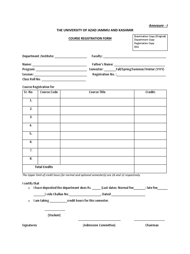 The University of Azad Jammu and Kashmir: Course Registration Form | PDF