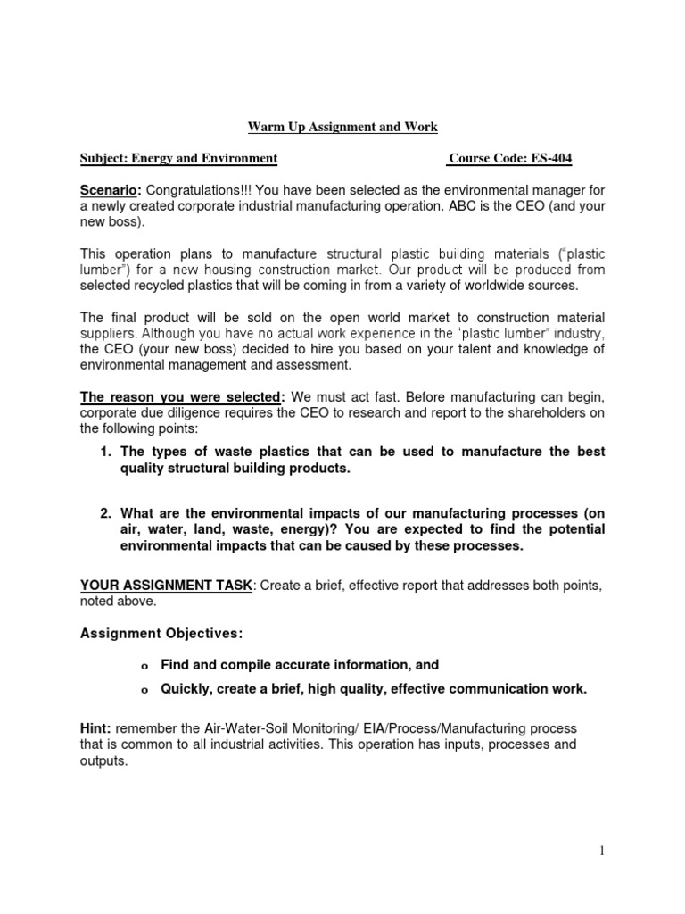 Warm Up Assignment 1 | PDF | Environmental Impact Assessment | Business