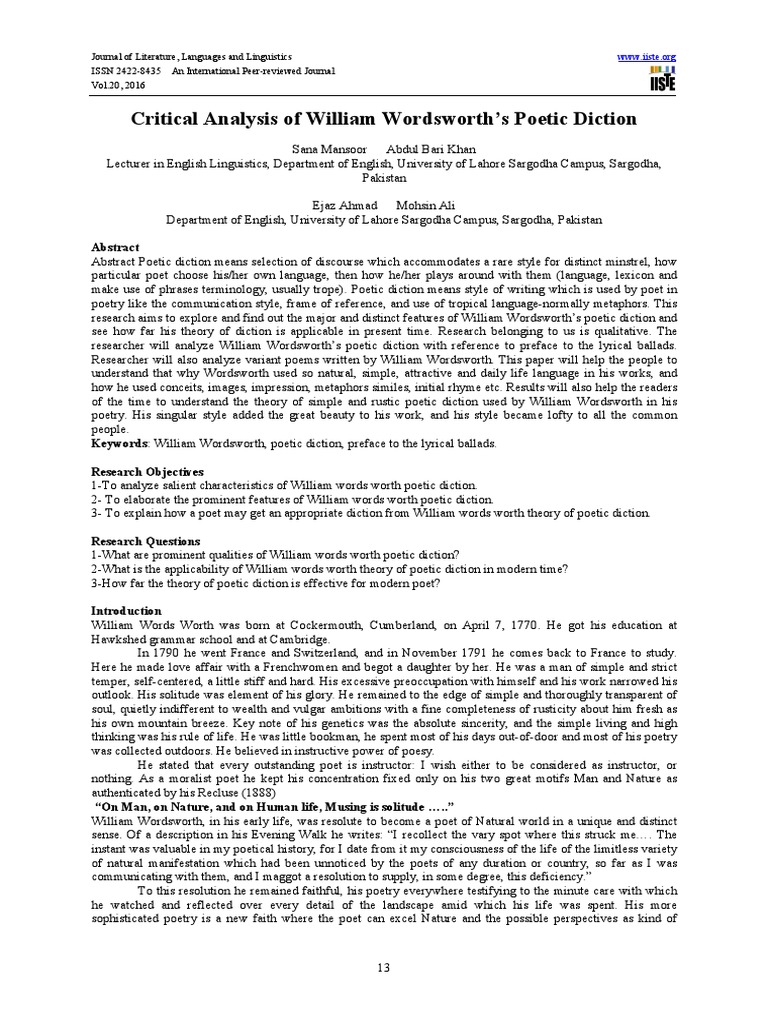 Critical Analysis of William Wordsworth's Poetic Diction | Descargar gratis PDF | Poetry ...